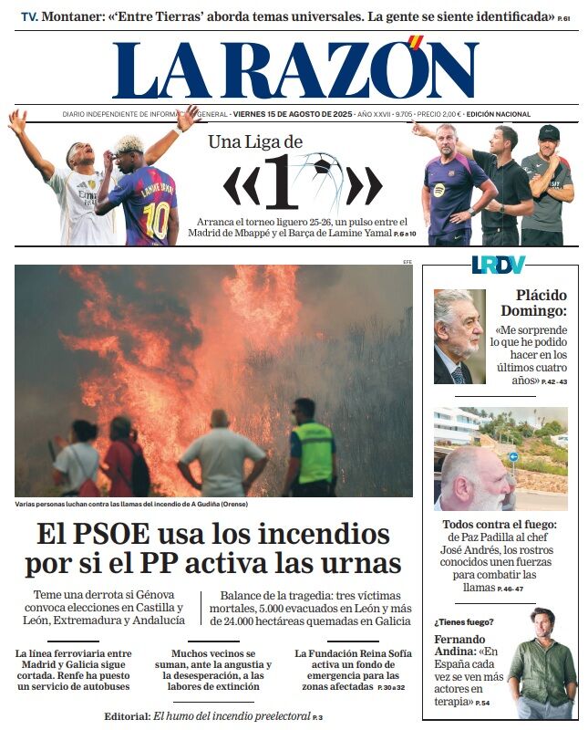 Portada de LA RAZÓN del viernes 15 de agosto de 2025