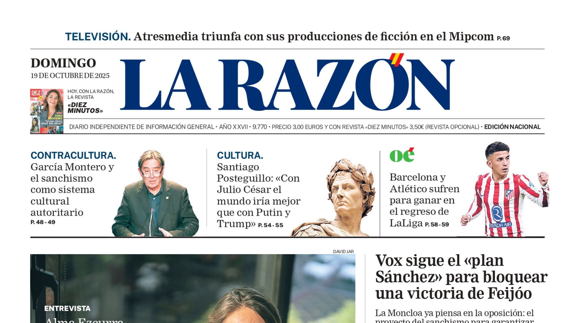 Portada de LA RAZÓN de este domingo 19 de octubre de 2025