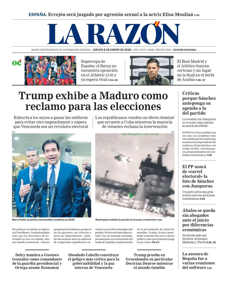 Portada de LA RAZÓN de este jueves 8 de enero de 2026
