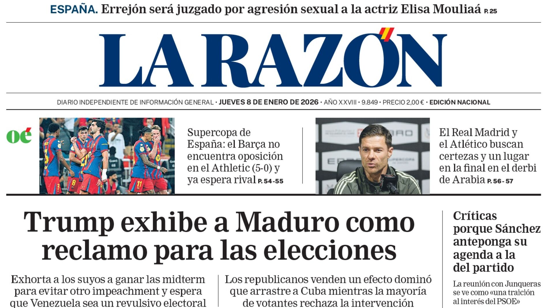 Portada de LA RAZÓN de este jueves 8 de enero de 2026