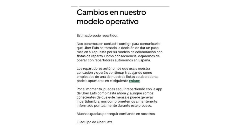 Uber Eats anuncia que dejará de repartir con autónomos tras la amenaza ...