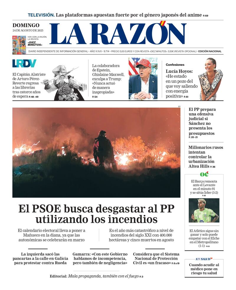 Portada de LA RAZÓN del domingo 24 de agosto de 2025